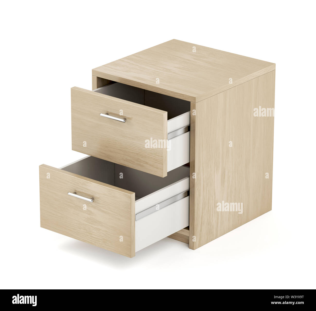 Nightstand with two opened drawers on white background Stock Photo - Alamy