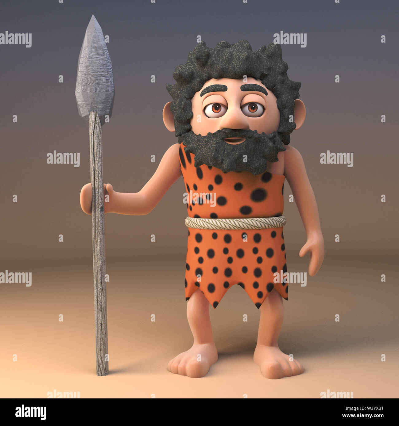 Caveman in animal pelt with a long beard stands with his spear like a ...