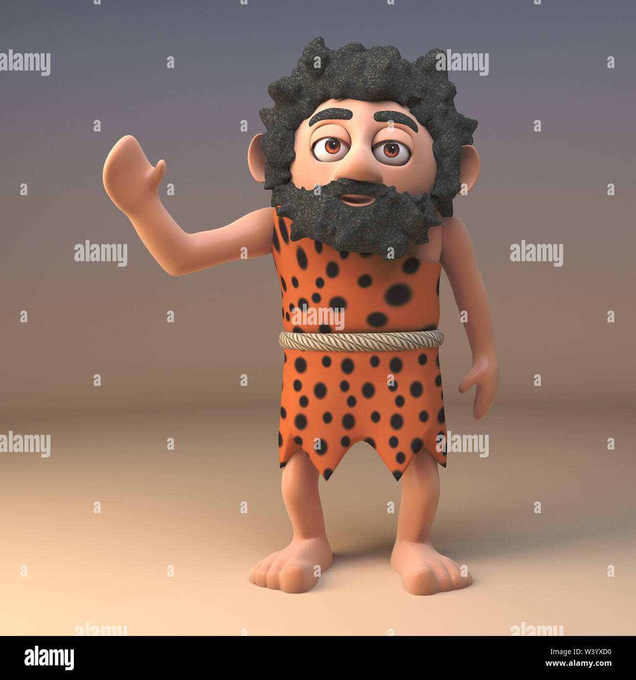 Friendly caveman wearing an animal pelt and a long beard waves a ...