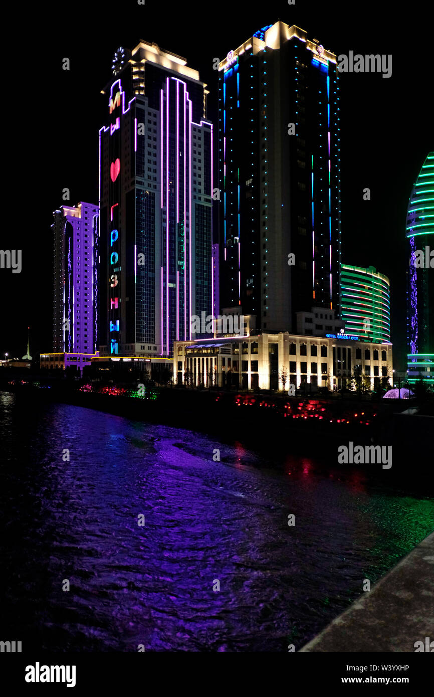 View of the Grozny City business centre and the Sunzha River ...