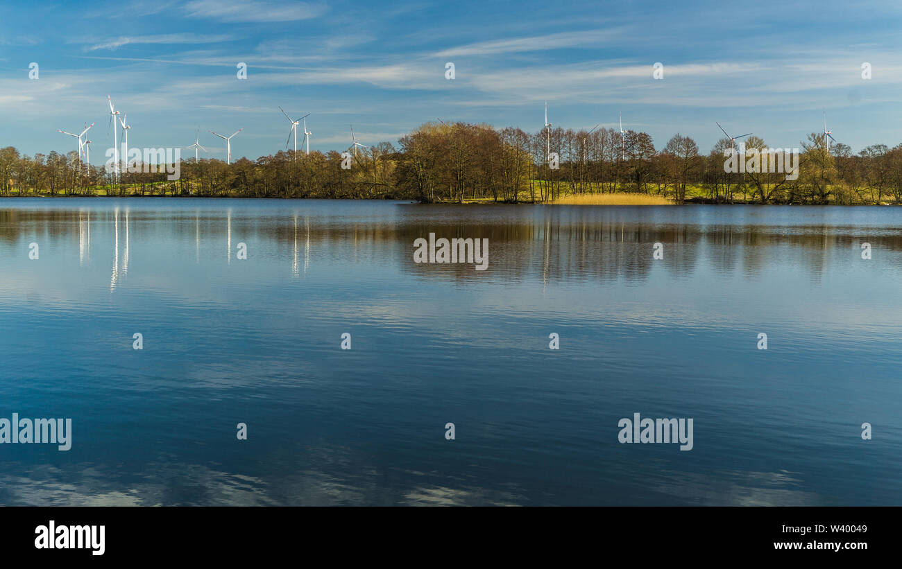 lake with wind mills Stock Photo - Alamy