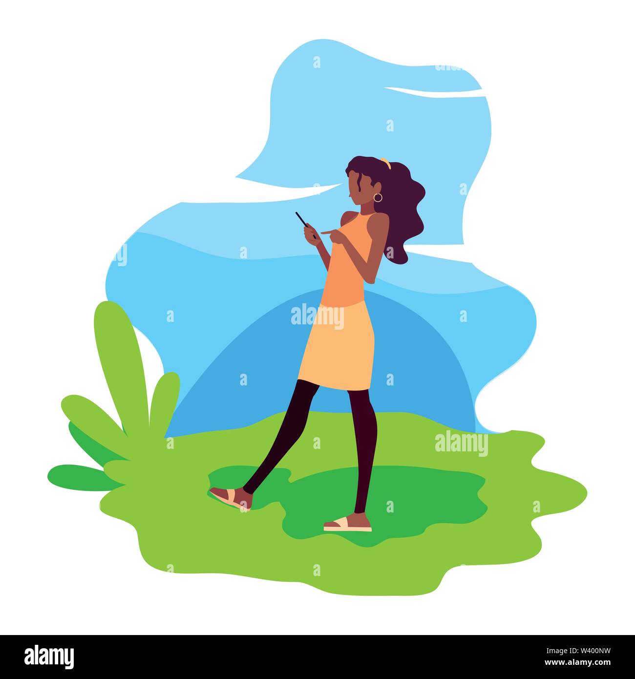 woman using smartphone device in the landscape vector illustration ...