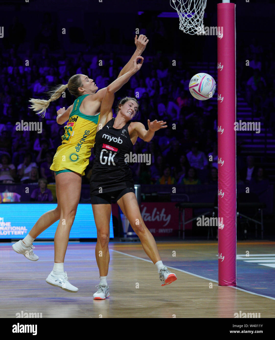 Jane Watson (NZ) and Caitlin Bassett (AUS) in action during Vitality ...