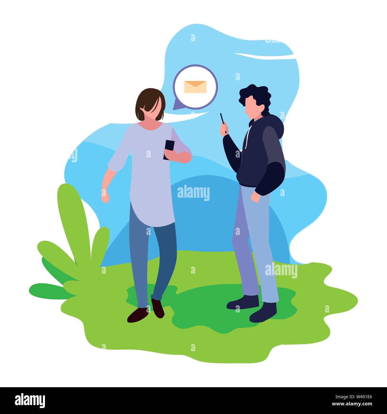 men using smartphone device in the landscape vector illustration Stock ...