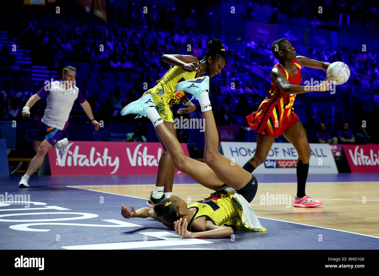 Jamaica's Shamera Sterling falls over during the Netball World Cup ...