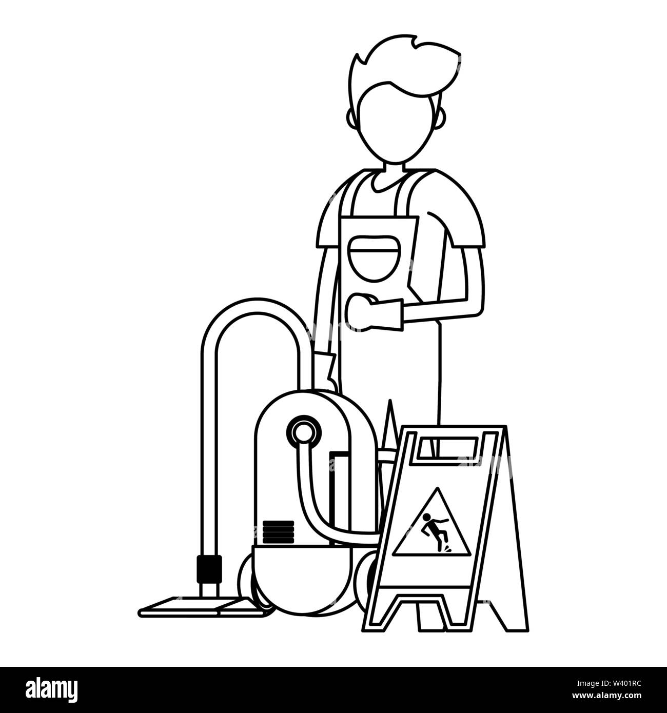 Cleaner worker with cleaning products and equipment in black and white ...