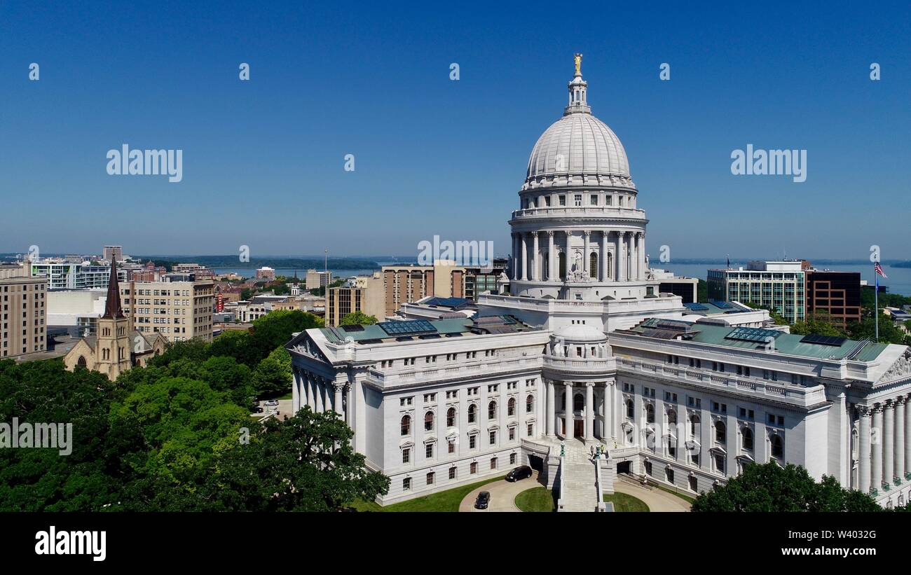 Spectacular, aerial view of Wisconsin State Capitol building and ...
