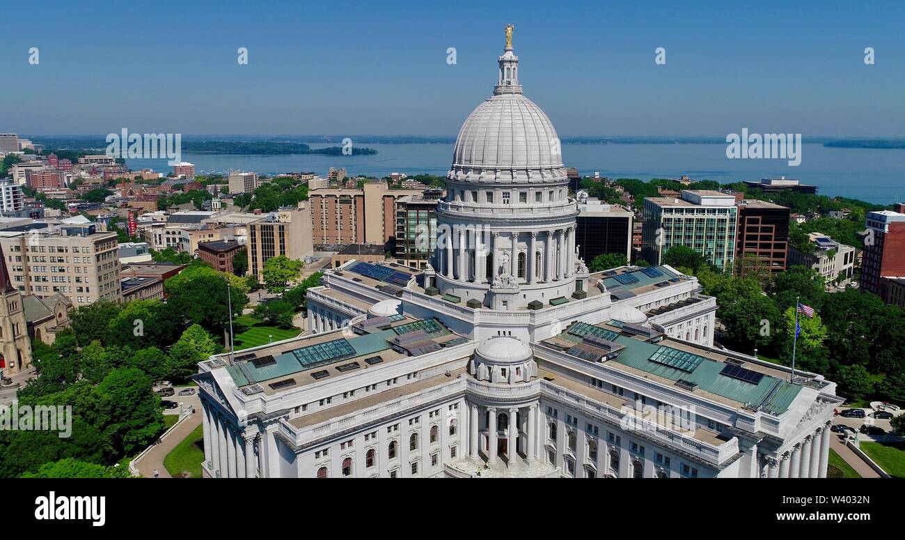 Spectacular, aerial view of Wisconsin State Capitol building and ...