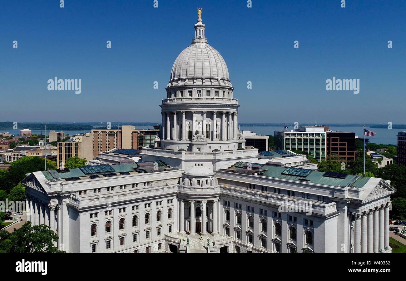 Spectacular, aerial view of Wisconsin State Capitol building and ...