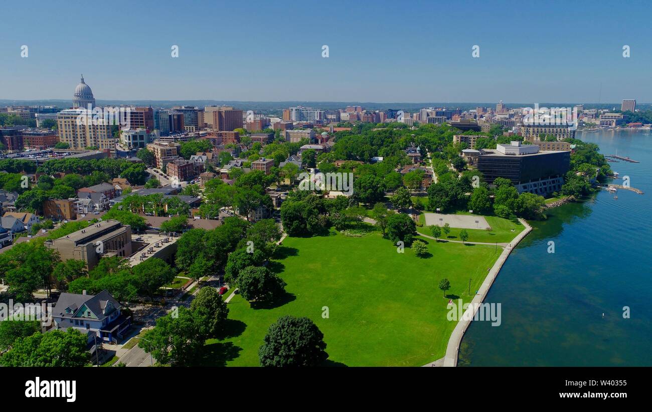 Spectacular, aerial view of Wisconsin State Capitol building and ...