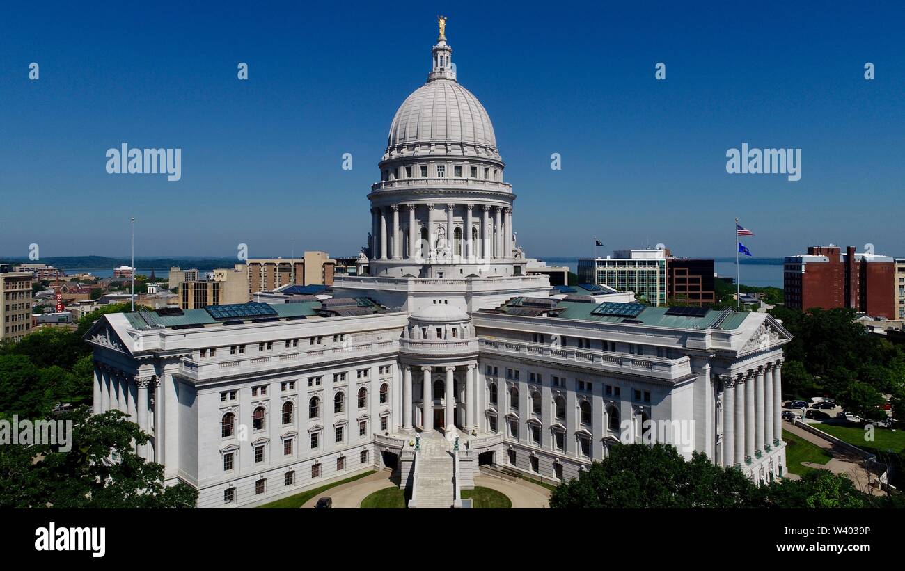 Spectacular, aerial view of Wisconsin State Capitol building and ...