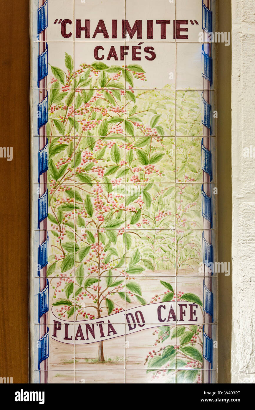 Advertising tile panels for coffee in an old grocery store in Lisbon ...