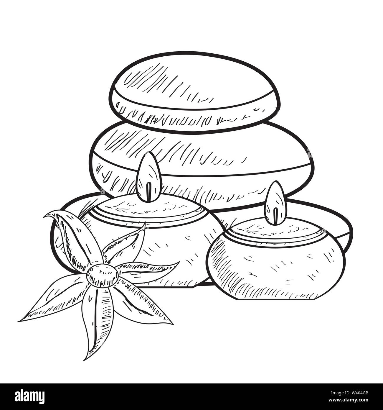Sketch of spa objects. Pile of stones, candles and flower - Vector ...