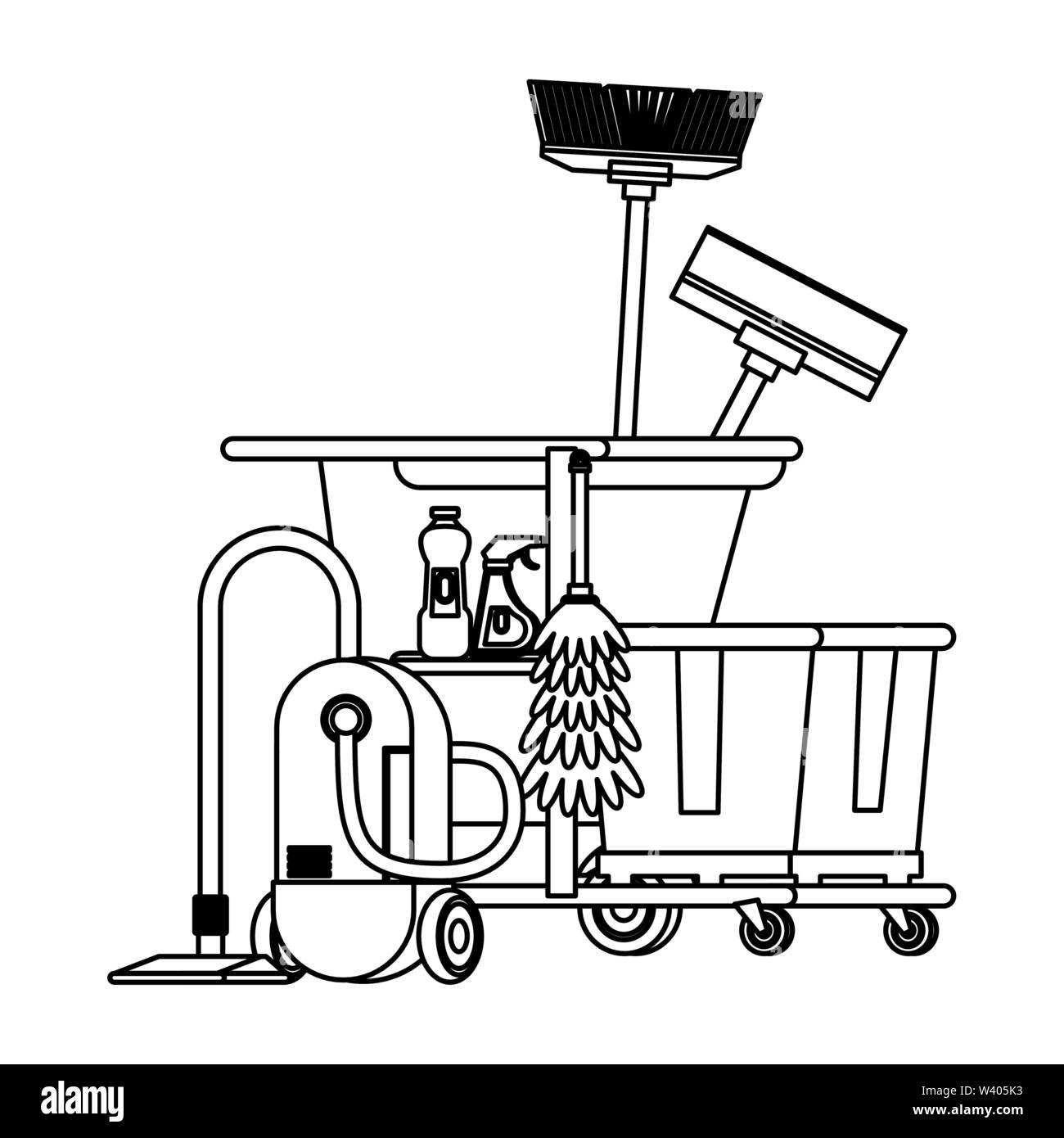 Set of cleaning equipment and products in black and white Stock Vector ...