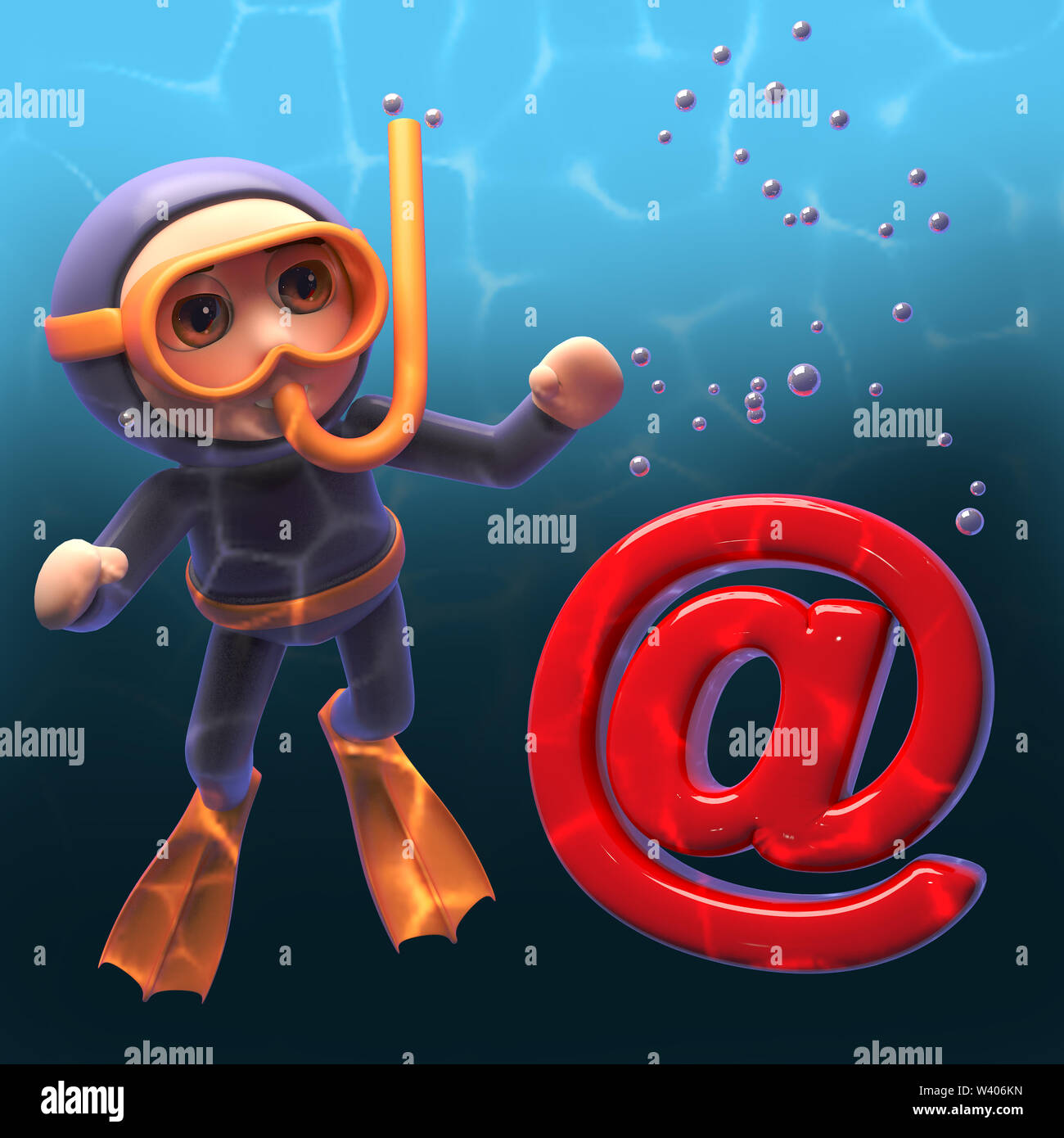 Cartoon 3d underwater snorkel scuba diver looking at an email address ...
