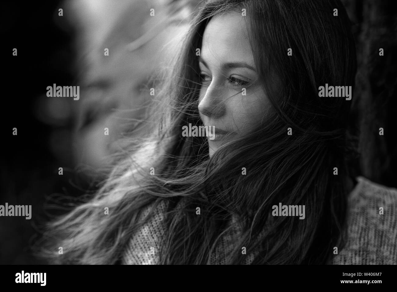 portrait of a young woman, autumn, black and white Stock Photo - Alamy