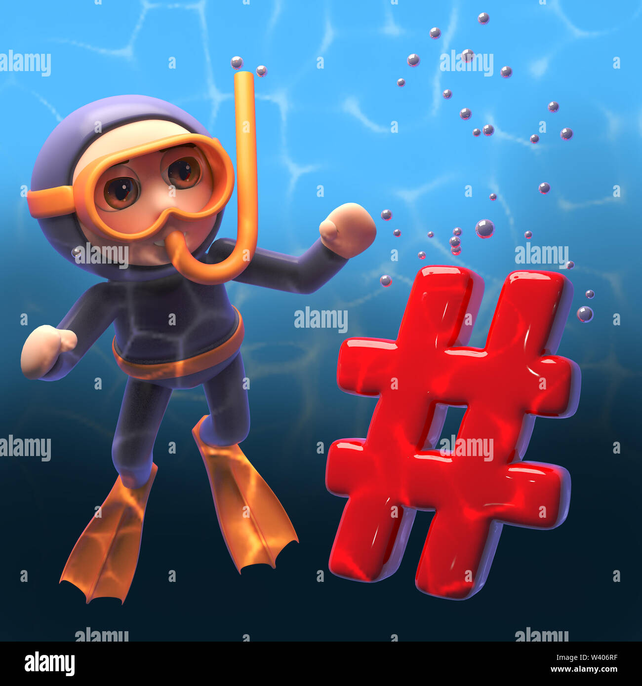 3d diver wearing snorkel scuba gear looking at a hash tag symbol ...
