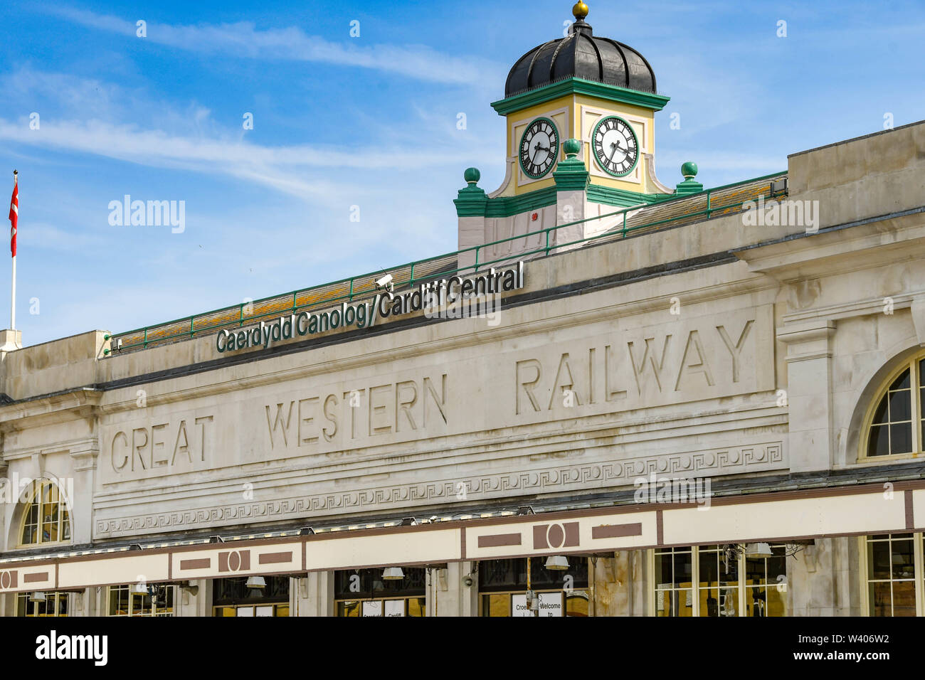 CARDIFF, WALES - JULY 2019: Exterior of Cardiff Central railway station ...