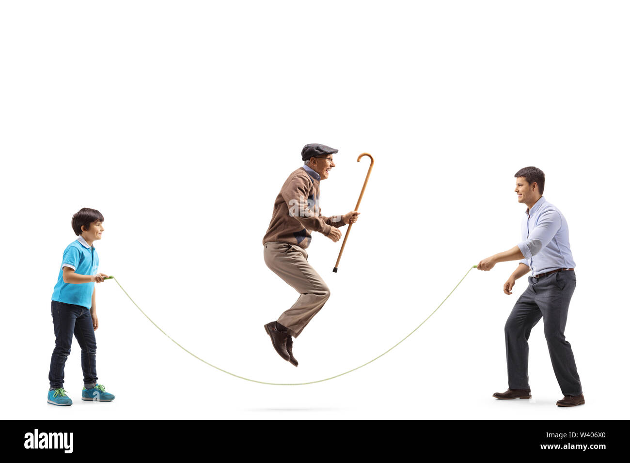 Full length profile shot of a father and son holding a rope and a ...