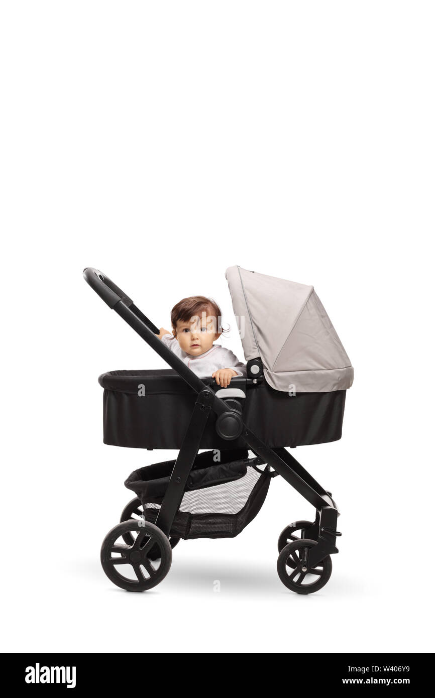 Cute baby sitting in a pram stroller isolated on white background Stock ...