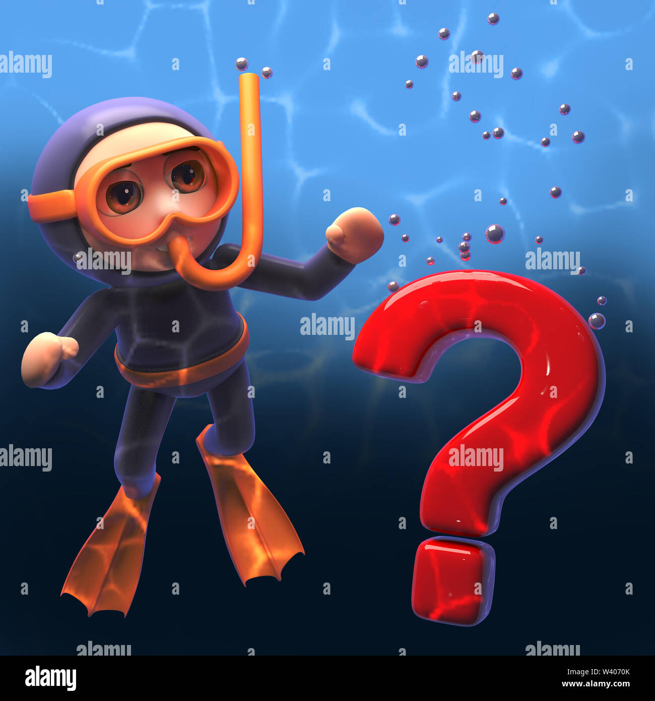 Underwater scuba snorkel diver watching a question mark sink in the ...