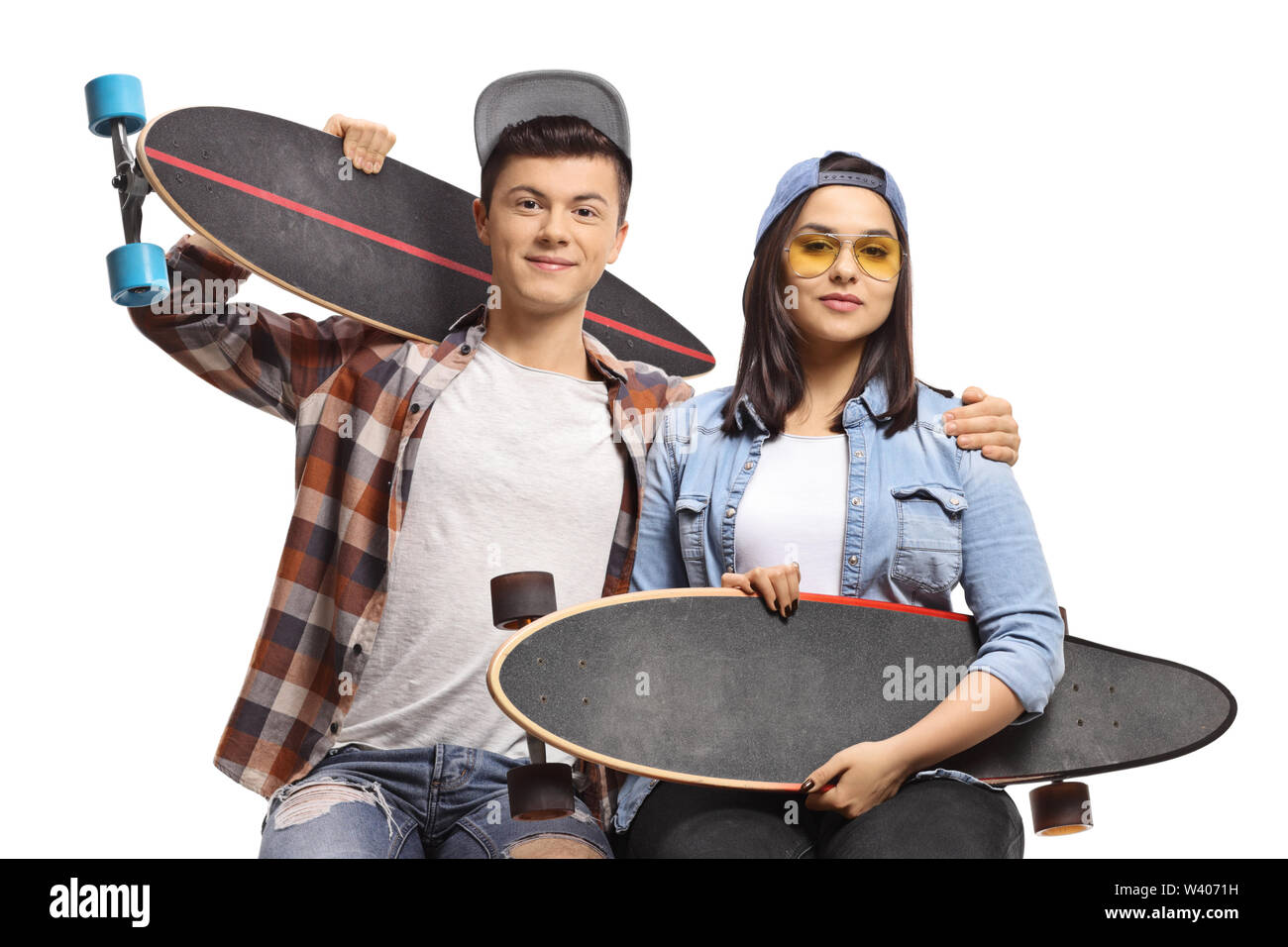Teenagers with longboards sitting isolated on white background Stock ...