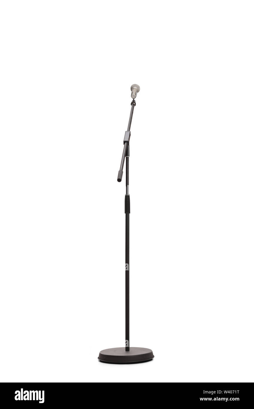 Studio shot of a microphone on a stand isolated on white background ...