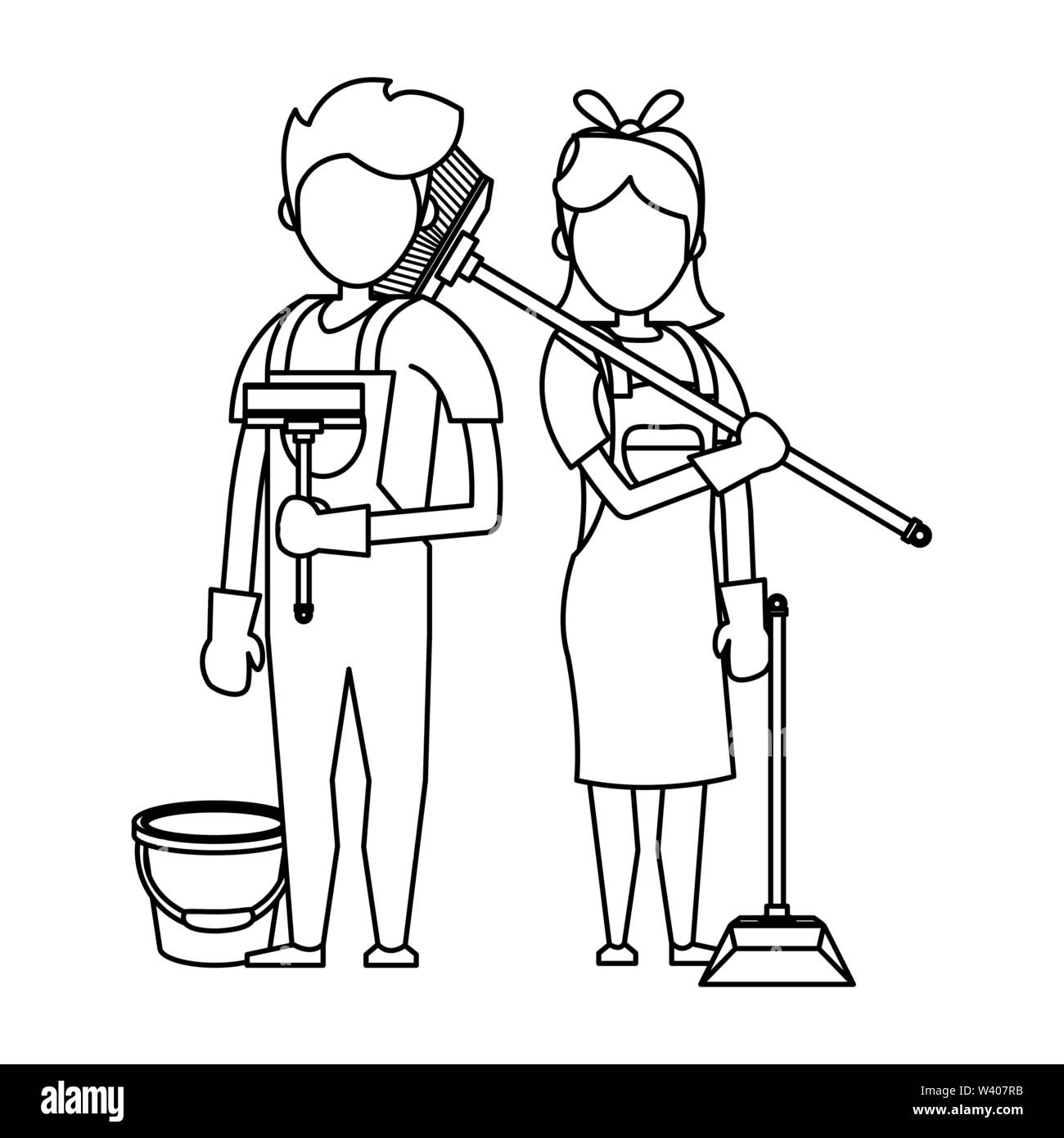 Cleaners workers with cleaning equipment in black and white Stock ...