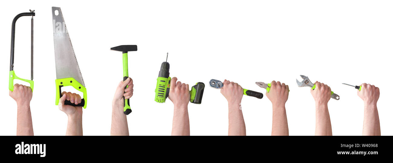 Hands with different tools isolated on white background Stock Photo - Alamy
