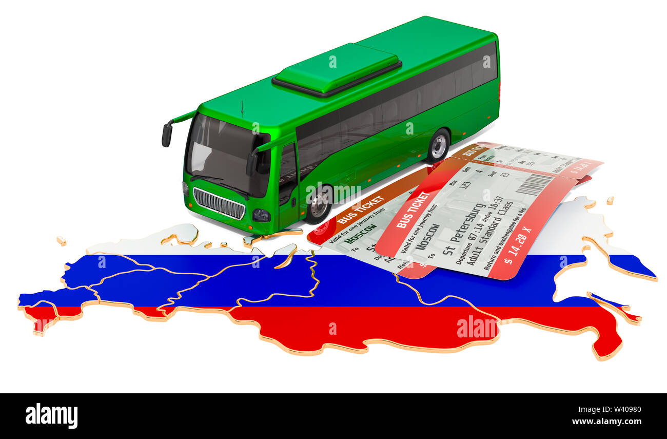 Bus travel in Russian Federation, concept. 3D rendering isolated on ...