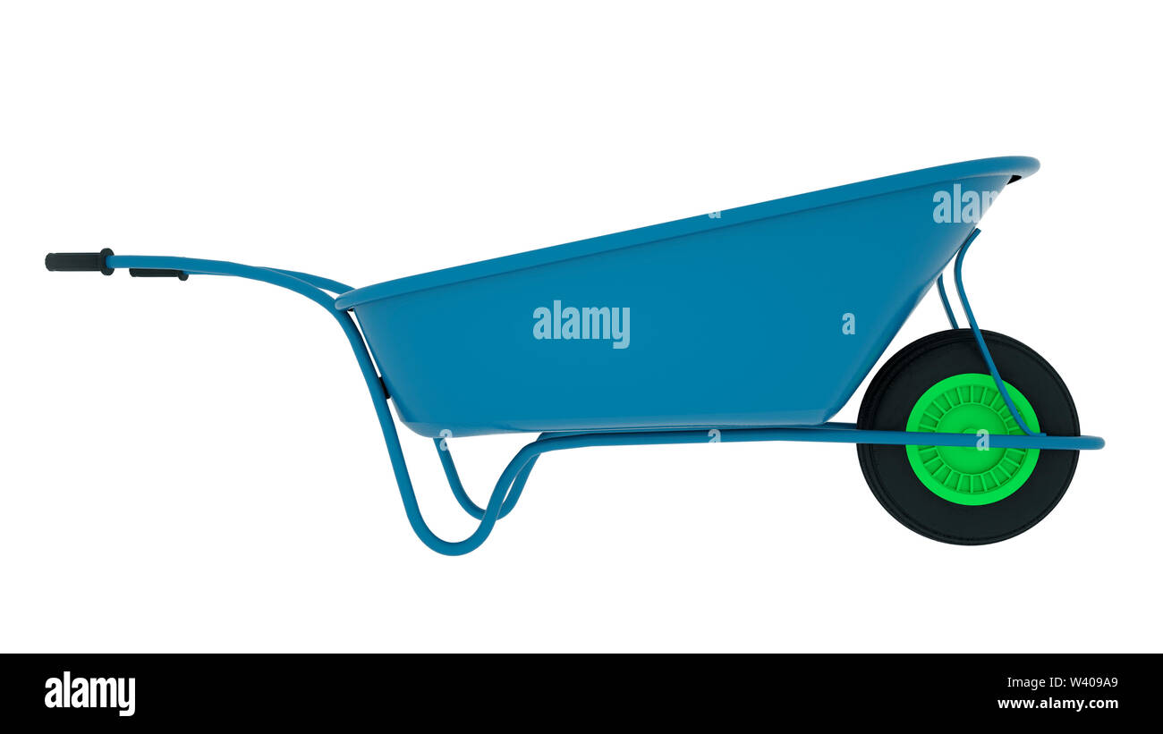Blue wheelbarrow isolated on a white. 3d illustration Stock Photo - Alamy