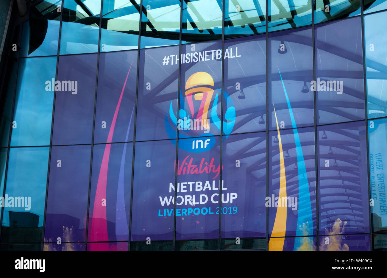 Netball World Cup sign outside Exhibition Centre Liverpool 2019 Stock ...