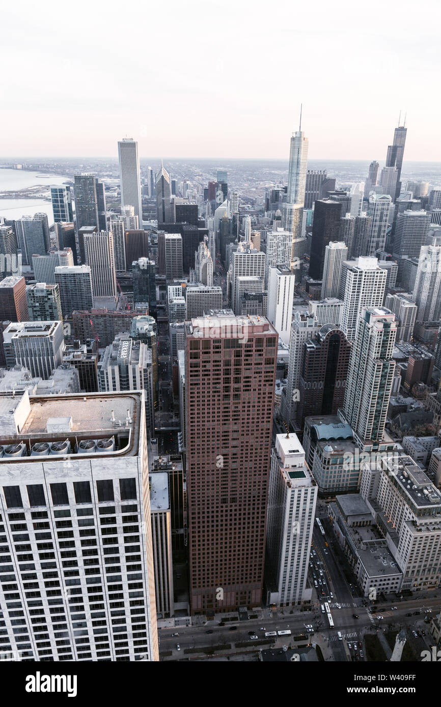 Chicago. Aerial view of Chicago downtown from high above. Superimposed ...