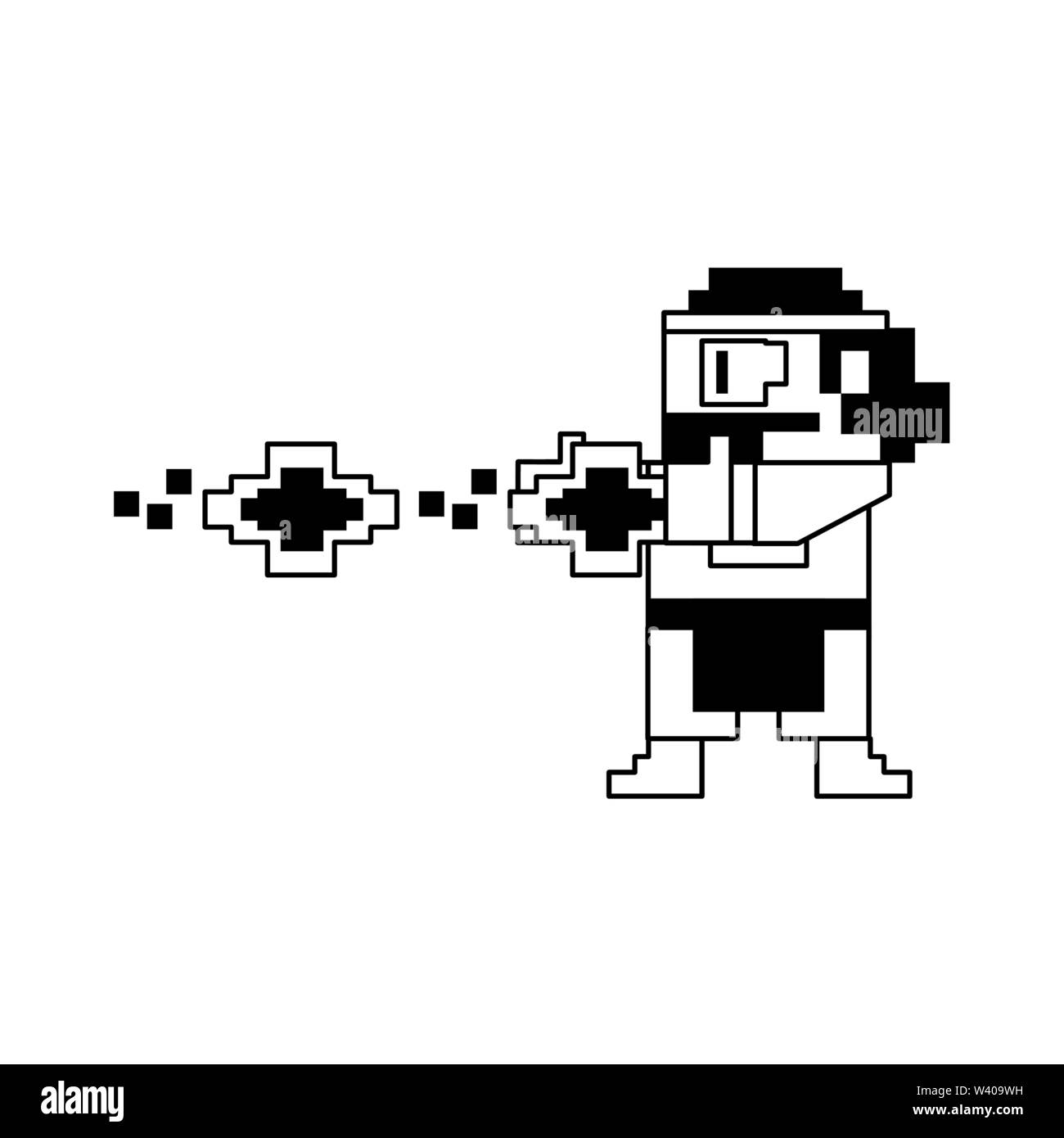 Videogame pixelated gangster shooting with handgun in black and white ...