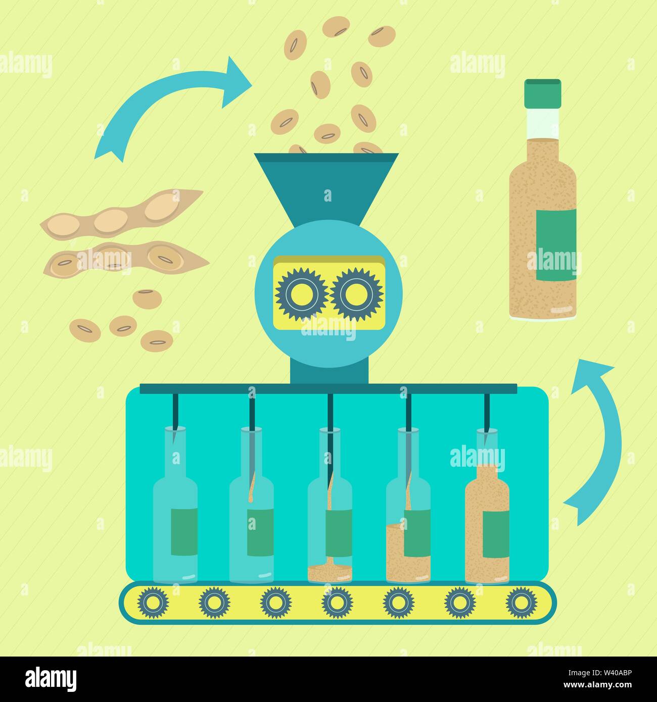 Soy sauce line series production. Factory of soy sauce. Soy beans being ...