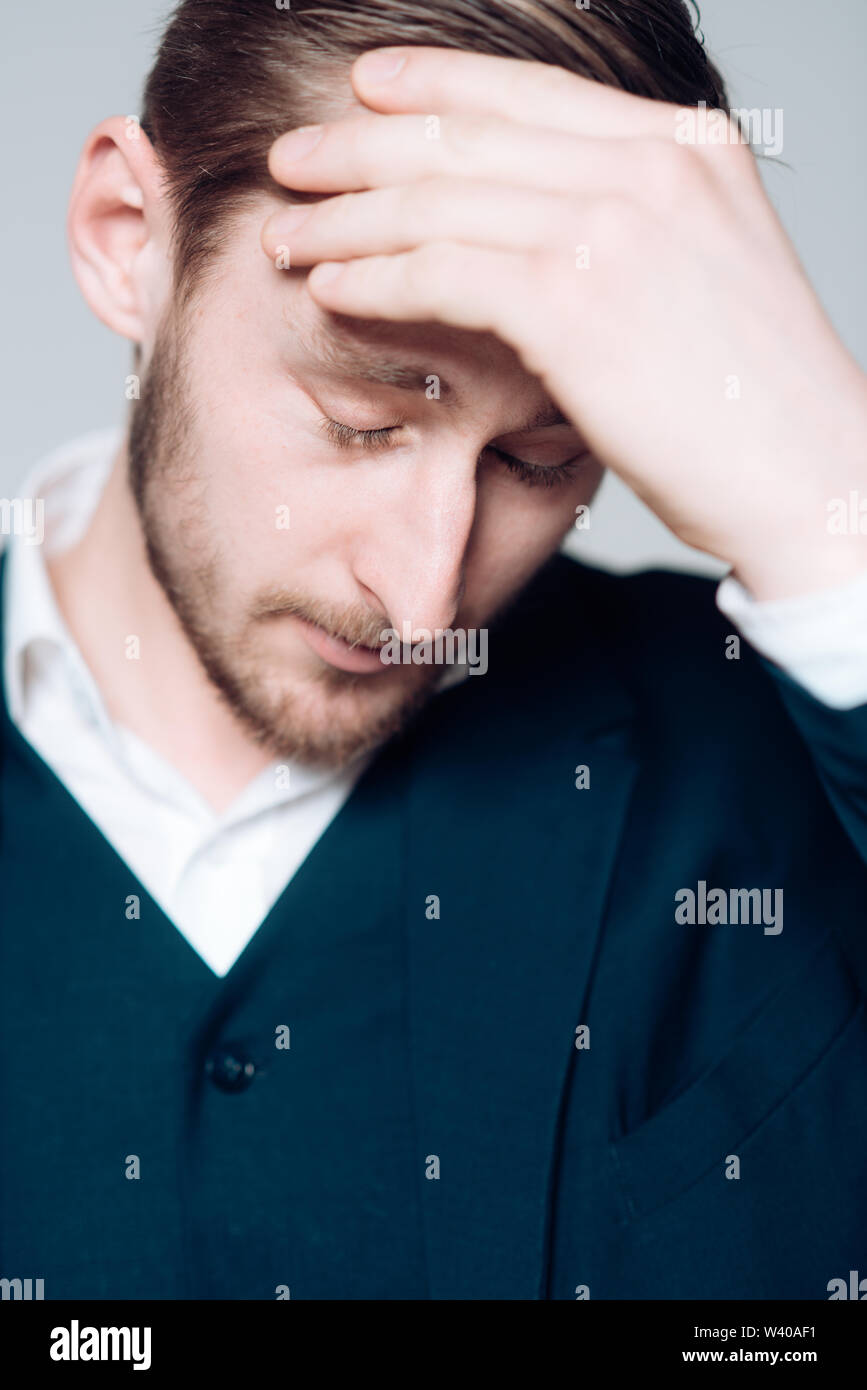 Painful memories. Man think about stressful horrible events from his ...