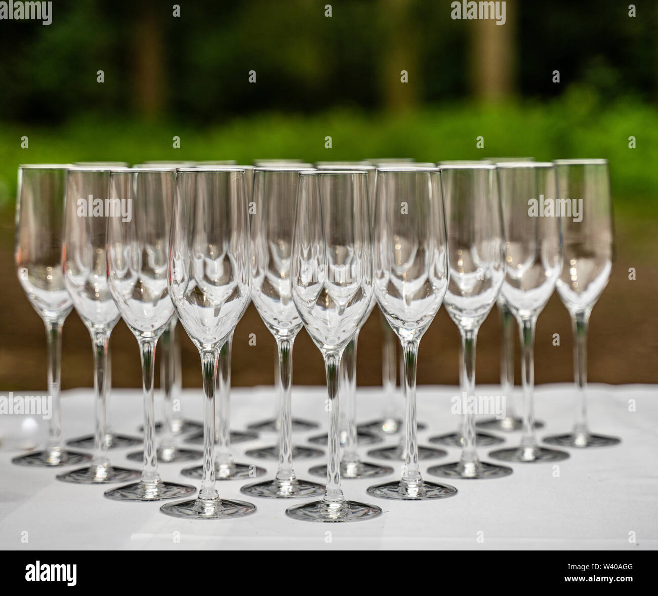 empty champagne glasses for an outdoor party Stock Photo - Alamy
