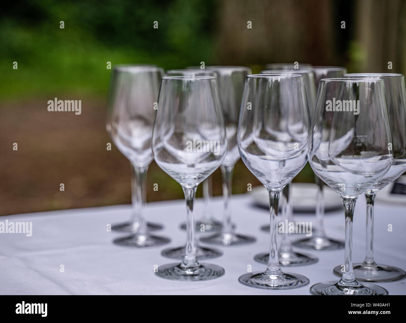 empty champagne glasses for an outdoor party Stock Photo - Alamy