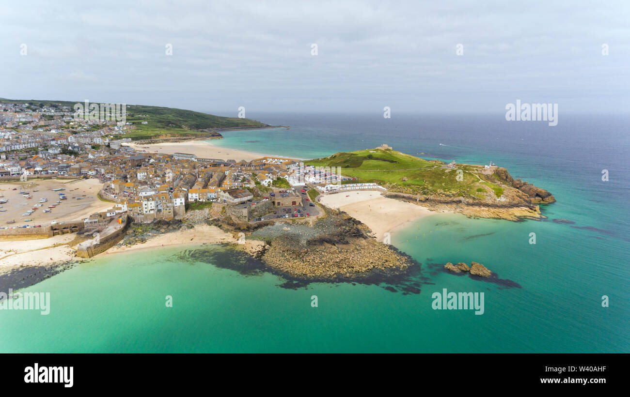 Aerial view of picturesque seaside town of St Ives with sandy beaches ...