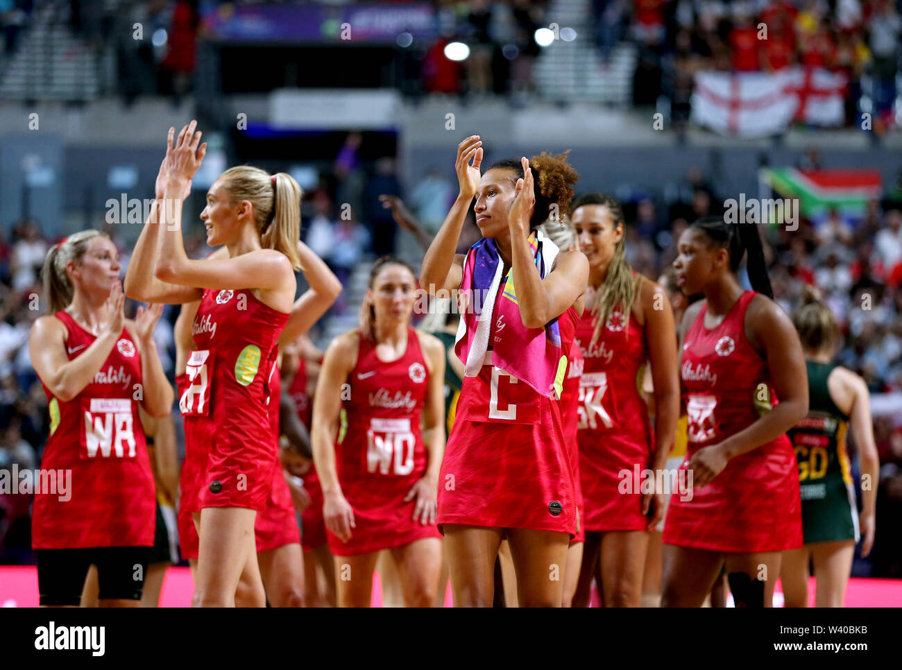 England players celebrate the results at the end of the Netball World ...