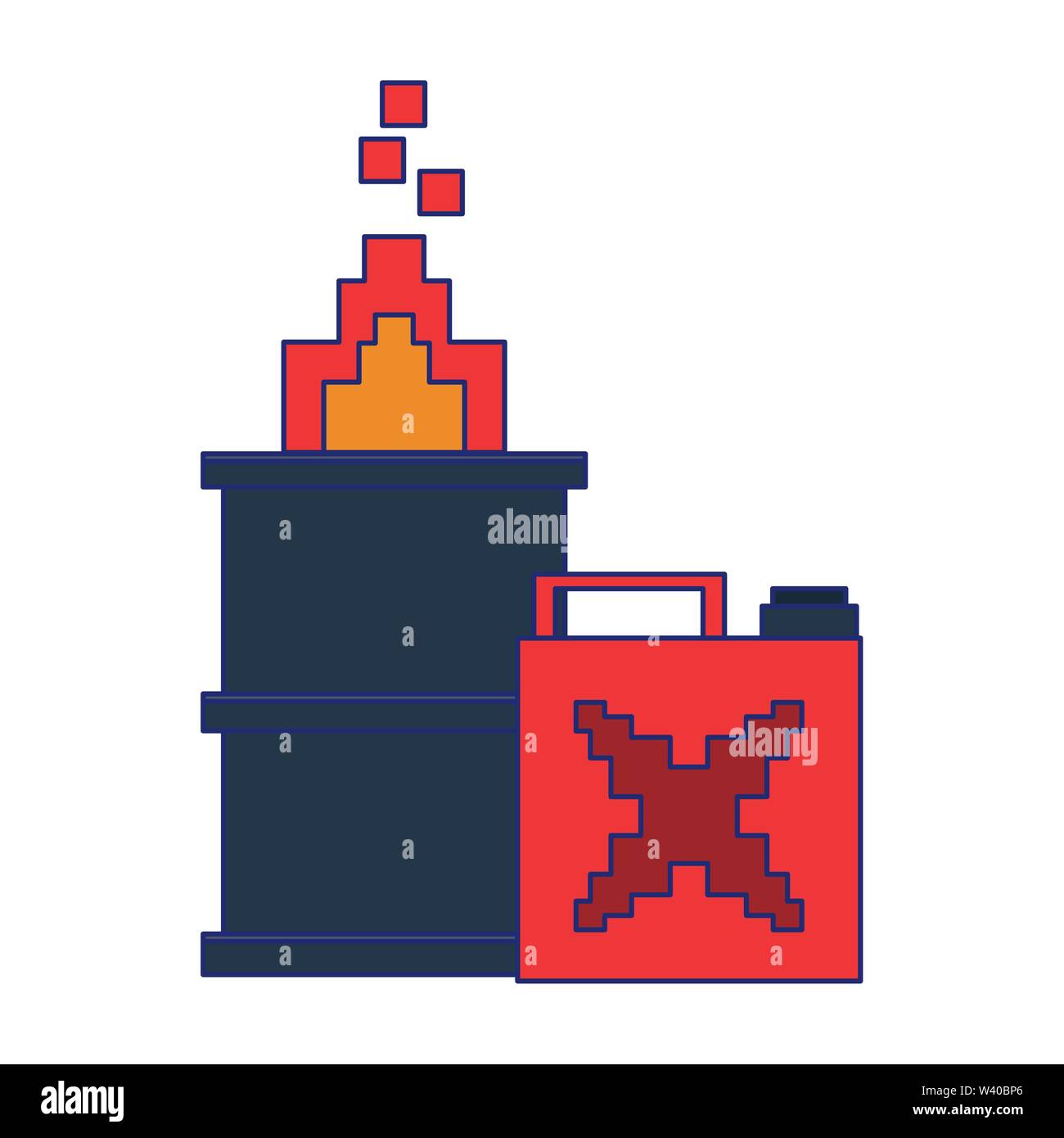 Videogame pixelated barrel in fire with fuel can blue lines Stock ...