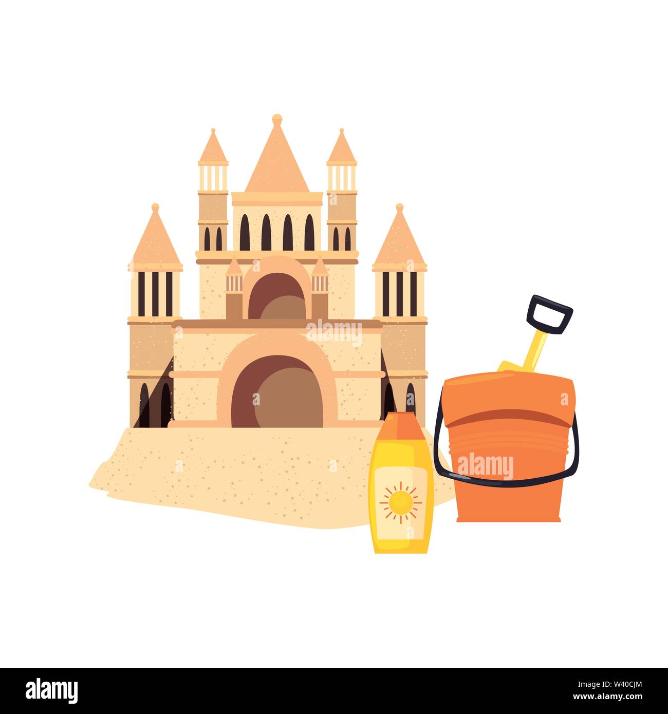 summer time holiday sunblock sand castle and bucket vector illustration ...