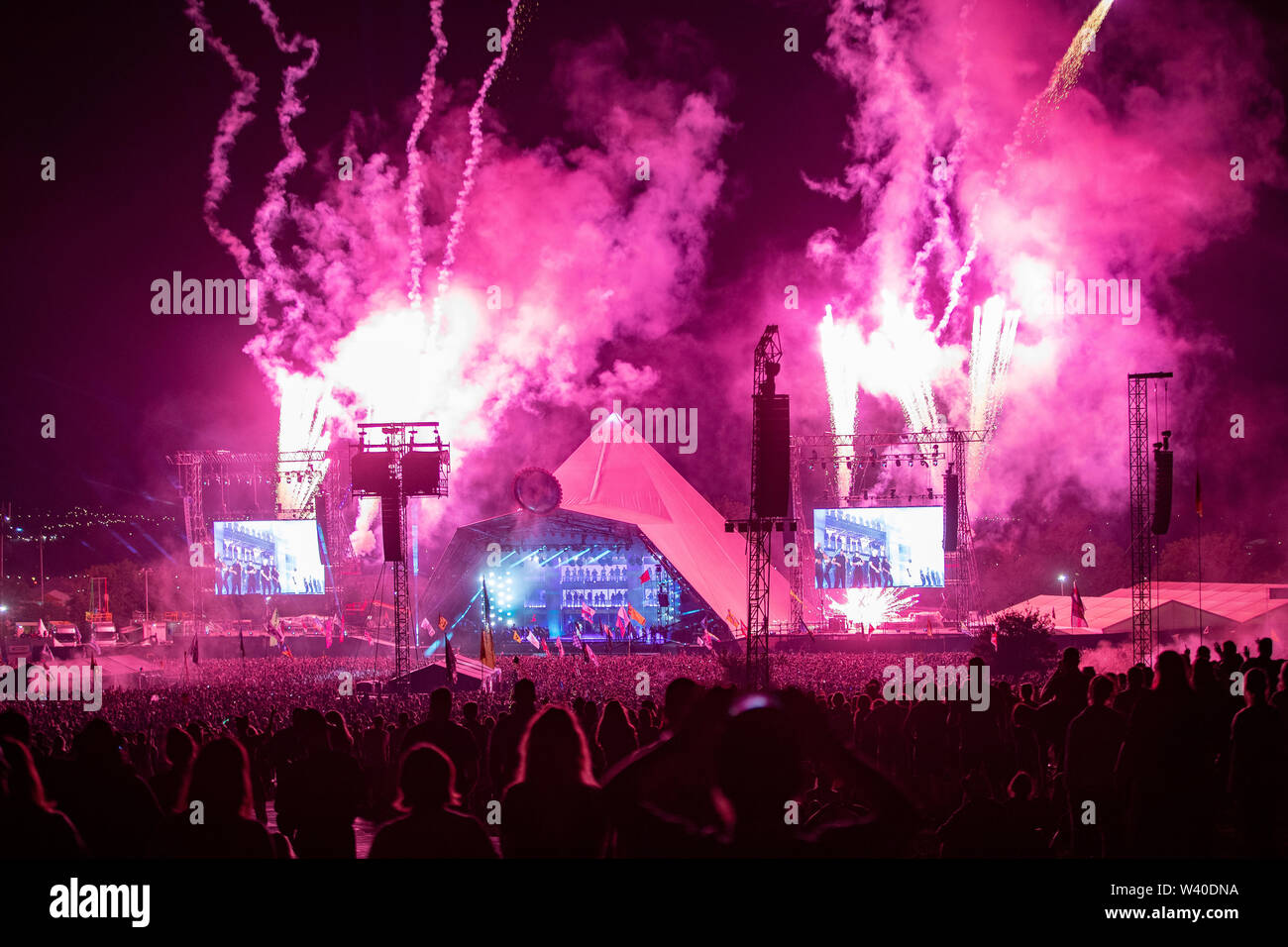 Pilton, UK. Friday 28 June 2019. Fireworks illuminate the Pyramid stage ...