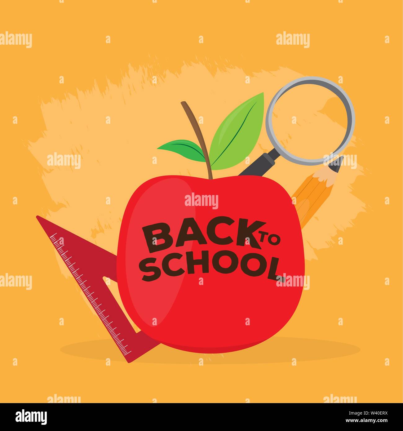 Magnifying glass, pencil, square ruler and apple. Back to school poster ...