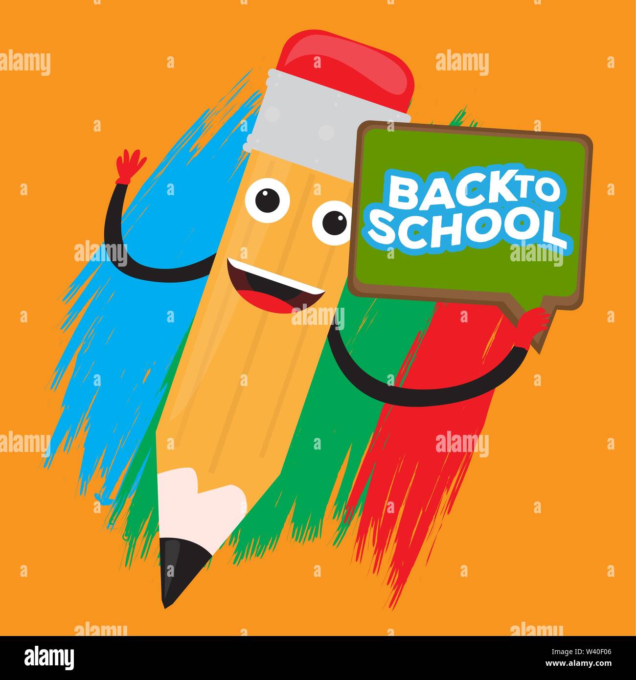 Happy pencil cartoon on a colored paint stains. Back to school poster ...