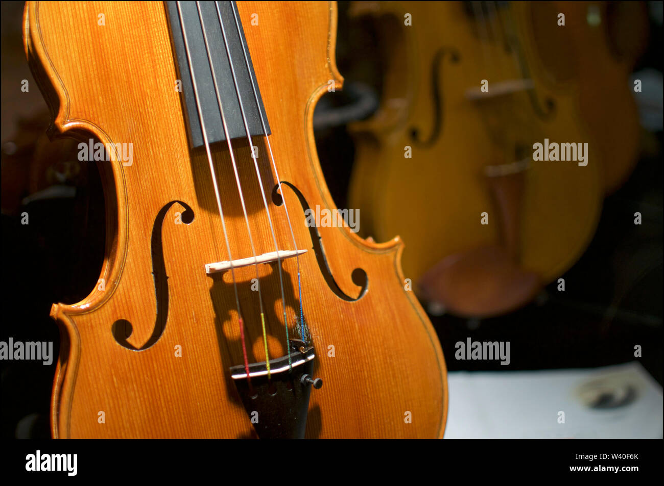 Close up view of some beautiful illuminated Violins located inside a ...