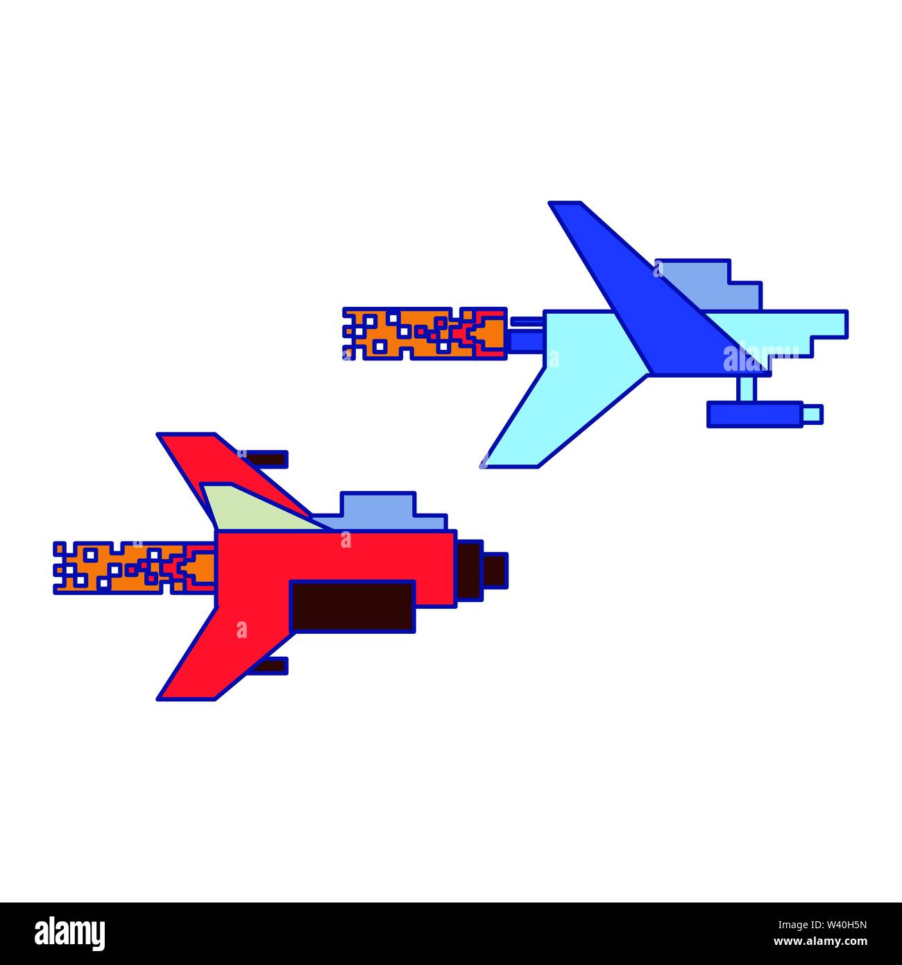 Videogame pixelated spaceship flying isolated blue lines Stock Vector ...