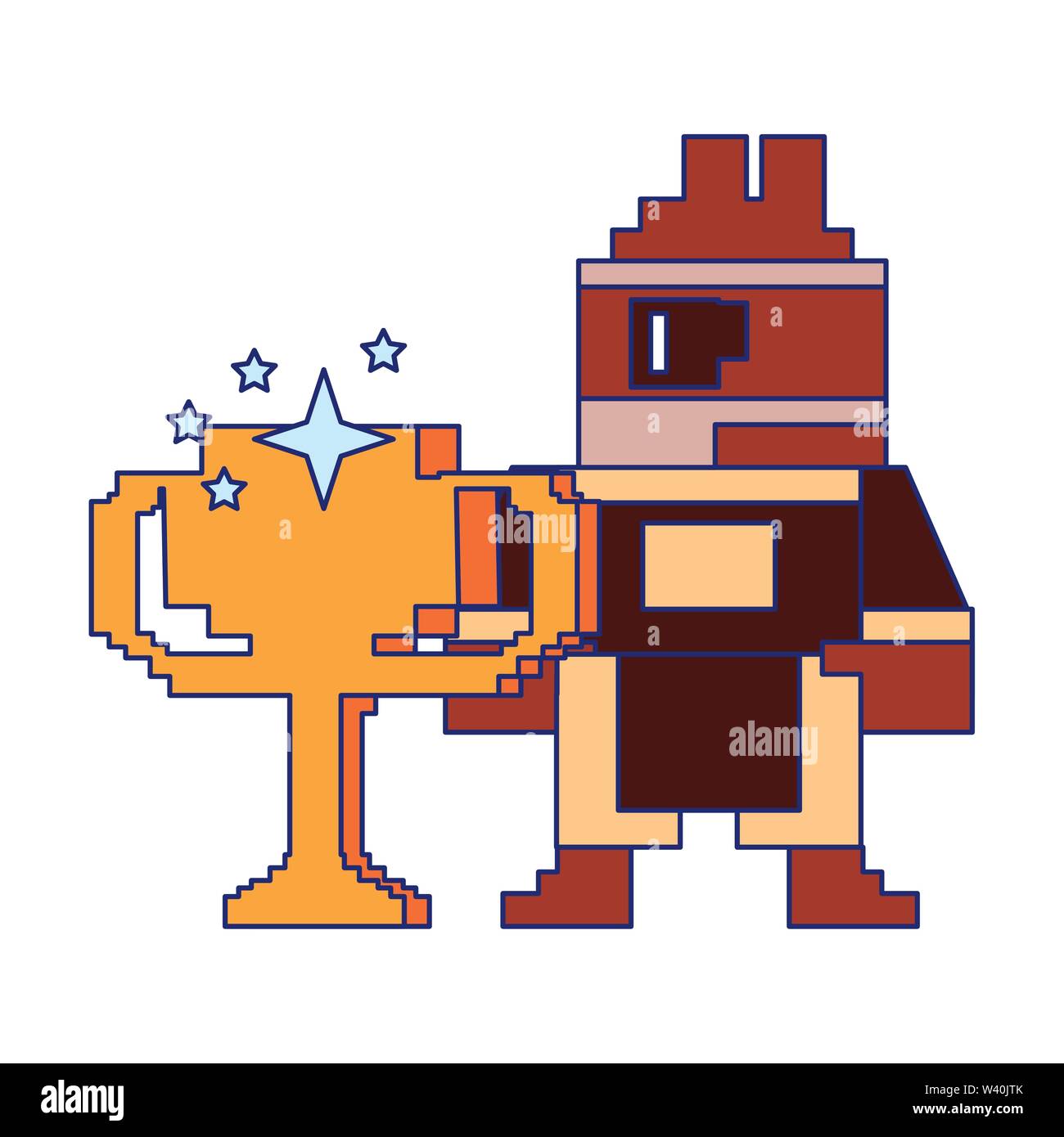 Videogame pixelated character with trophy cup blue lines Stock Vector ...