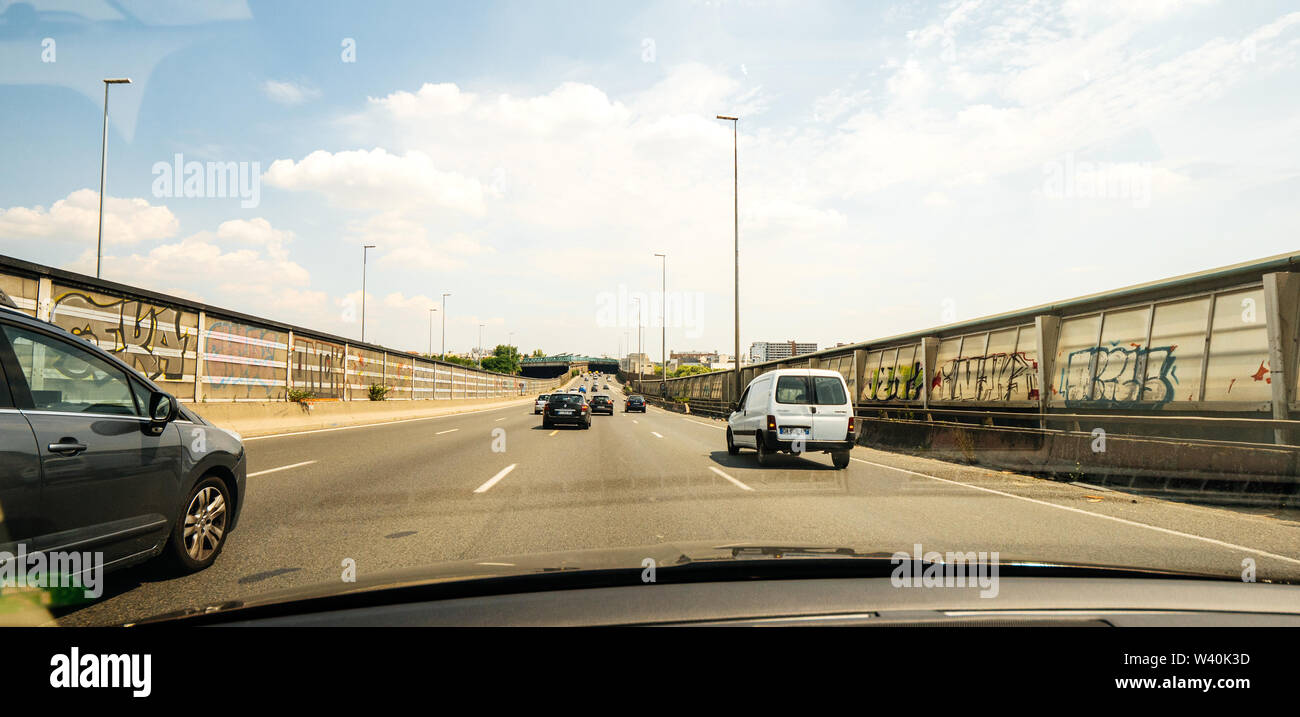 Paris, France - Jul 15, 2018: Wide image Driver POV personal ...