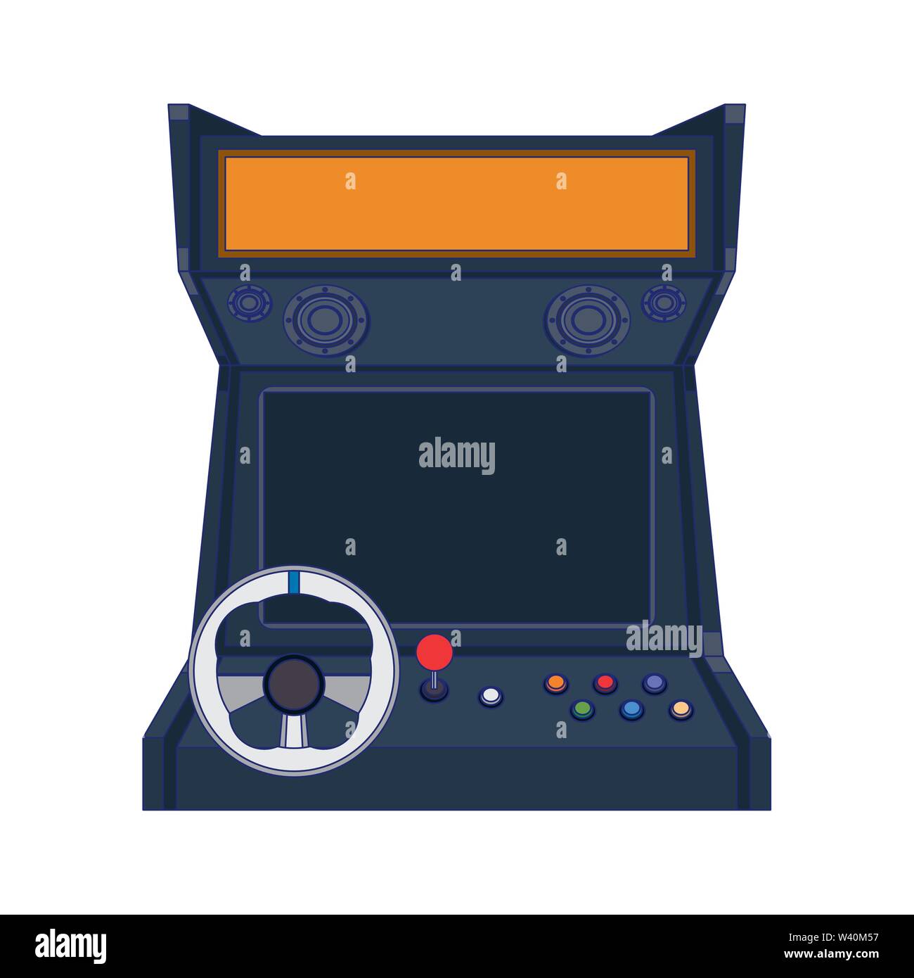 Arcade driver videogame with buttons and steering wheel blue lines ...